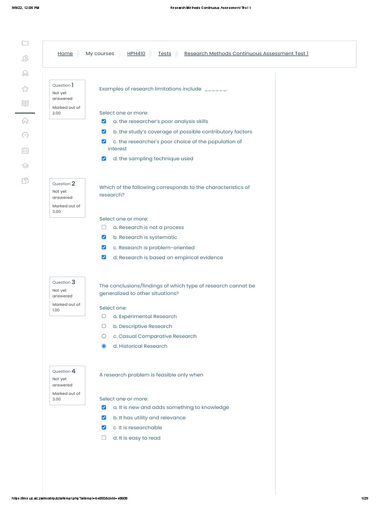 Research Methods Continuous Assessment Test 1 | PDF | Statistics ...