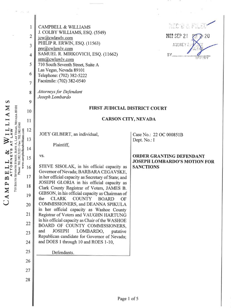 Judge's Order For Sanctions in Gilbert v. Sisolak Et Al. | PDF