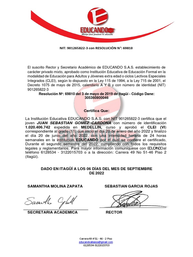 Certificado de Estudio Juan Sebastian | PDF