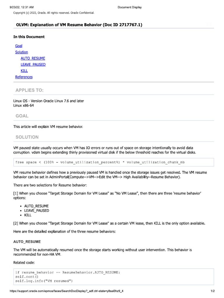 OLVM - Explanation of VM Resume Behavior | PDF