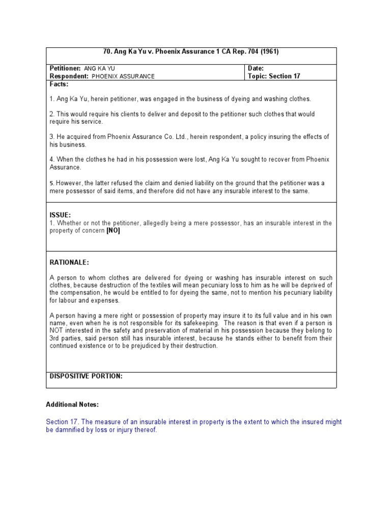 Ang Ka Yu v. Phoenix Assurance 1 CA Rep. 704 (1961) (Casabuena) | PDF