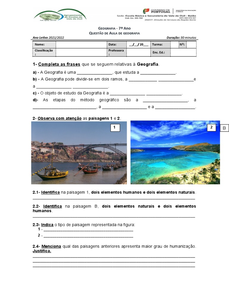 Geografia 7o Ano - Questão de aula sobre elementos naturais e humanos ...