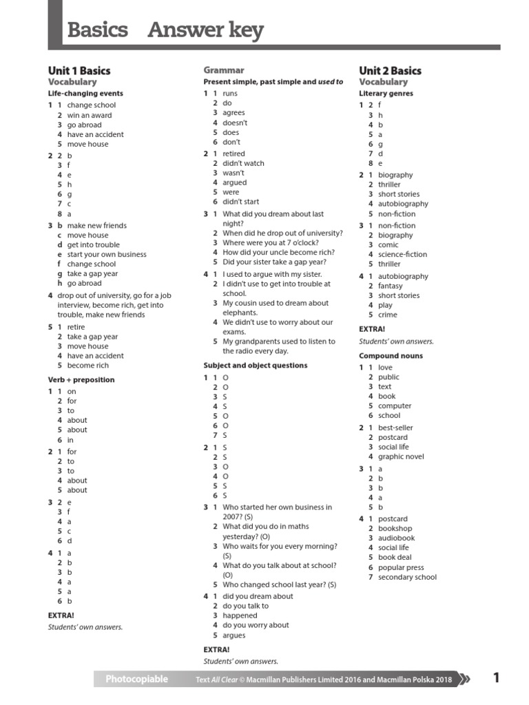 All Clear Kl8 TRF Basics Answer Key | PDF | Linguistics | Grammar