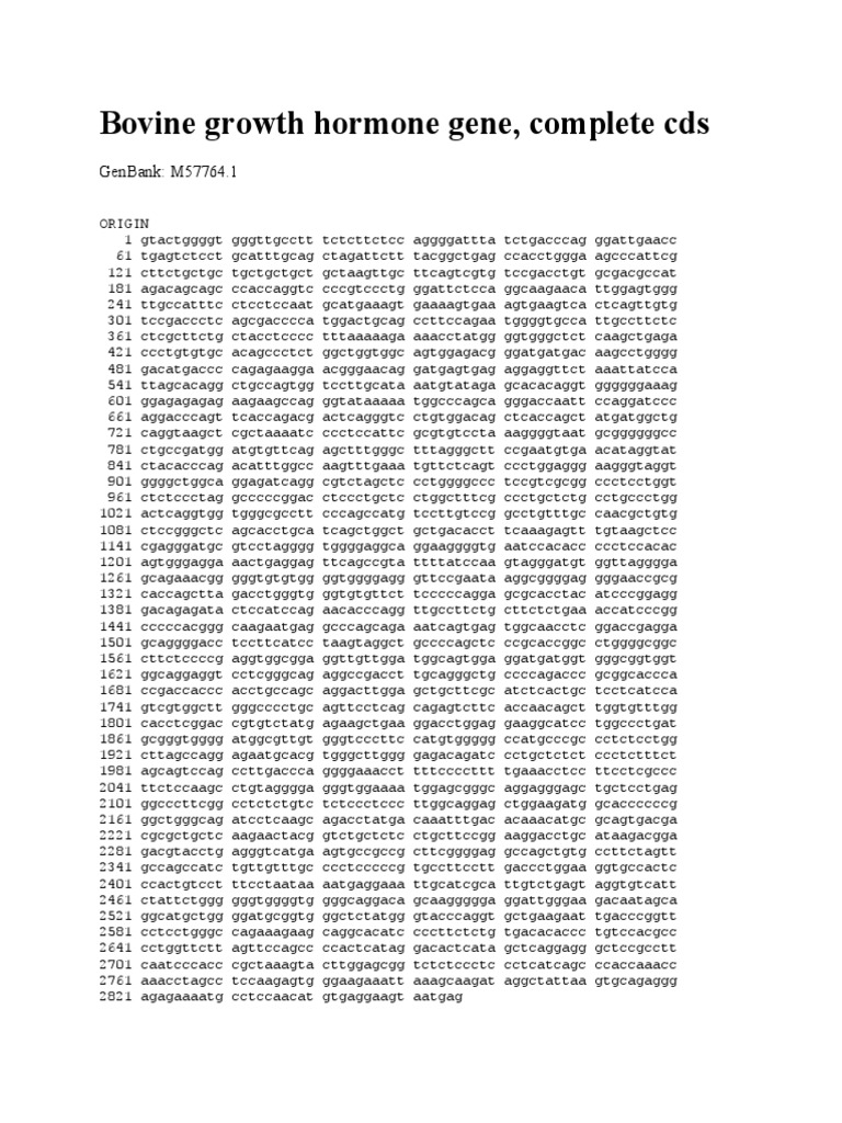 Bovine Growth Hormone Gene, Complete CDS: Genbank: M57764.1 | PDF | Endocrinology | Endocrine System