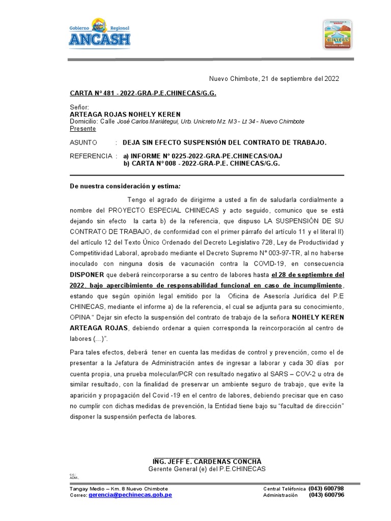 Carta Notifica - Deja Sin Efecto Suspension Perfecta de Labores ...
