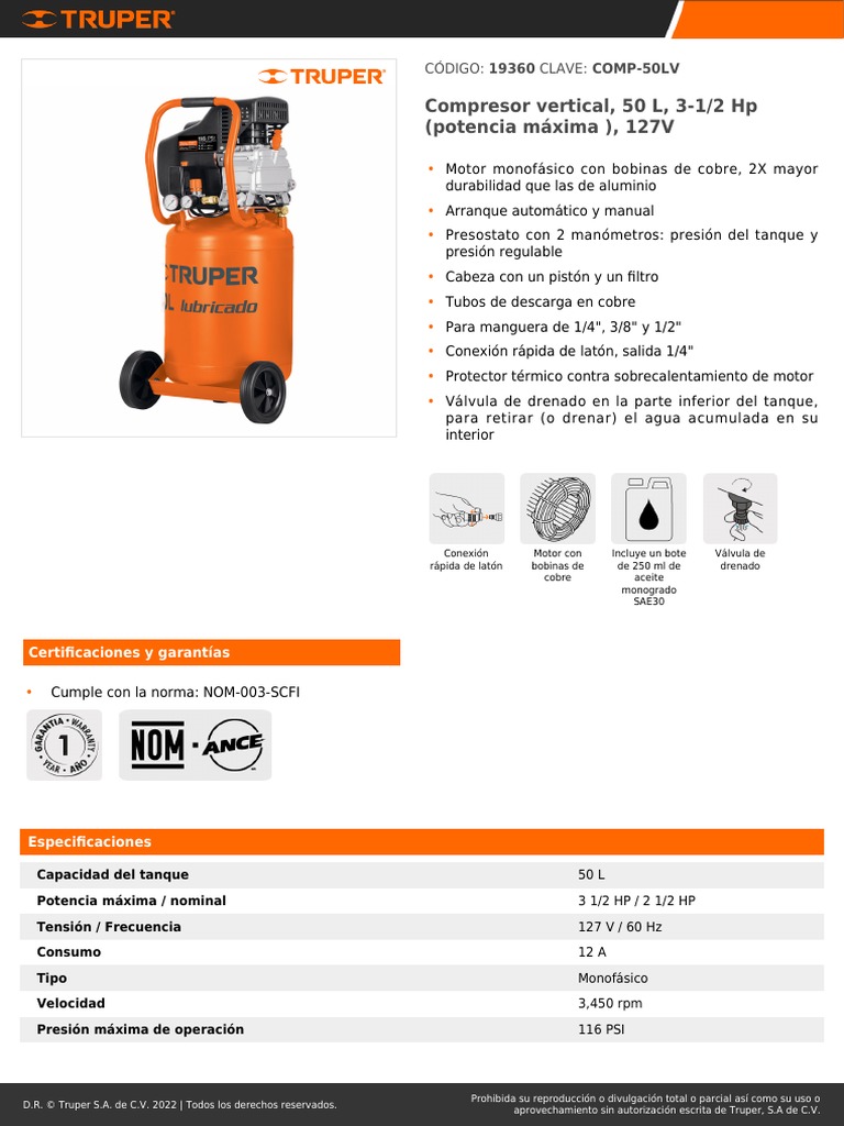 Compresor Vertical 19360 Truper 50L | PDF | Bienes manufacturados ...