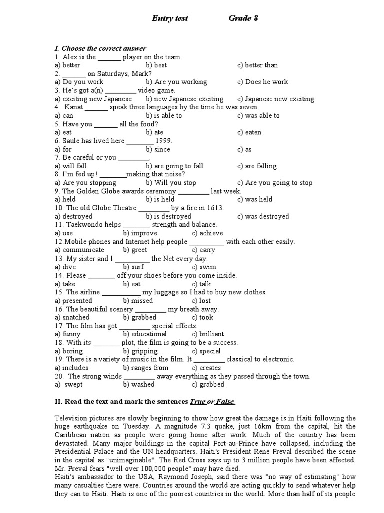 Entry Test Grade 8 2021 | Download Free PDF | Haiti | Natural Disasters