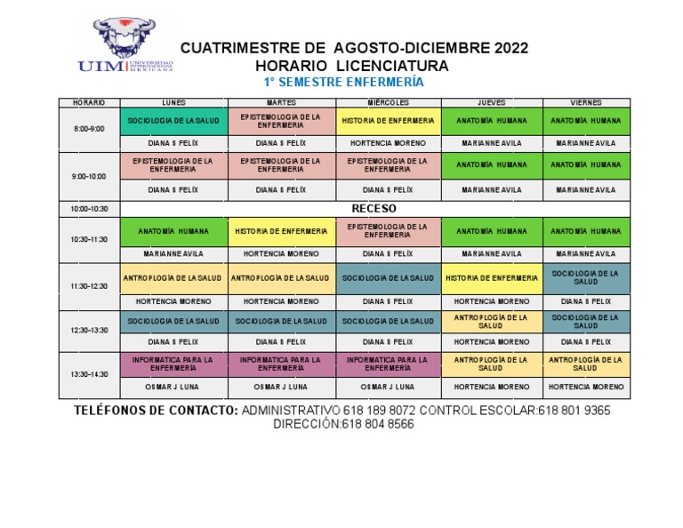 HORARIOS UIM 2022 Licenciatura - XLSX - 1° - 2022-ENF - OK | PDF