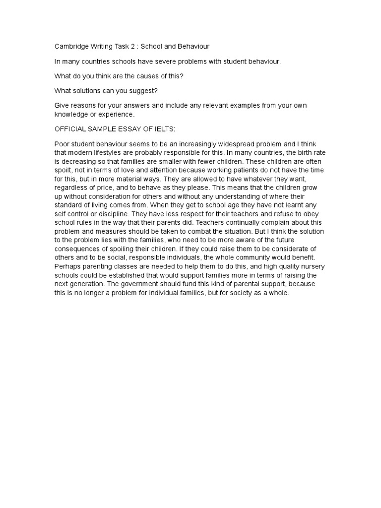 CAMBRIDGE SAMPLE ESSAY School and Behaviour | PDF