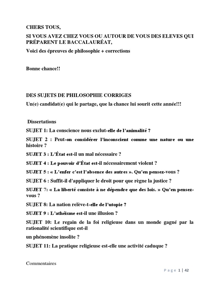 Sujets et Corrigés de Philosophie Bac | PDF | Conscience | Dieu