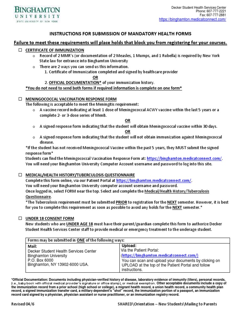 Binghamton Health Forms Submission Guide | PDF | Vaccines | Clinical ...