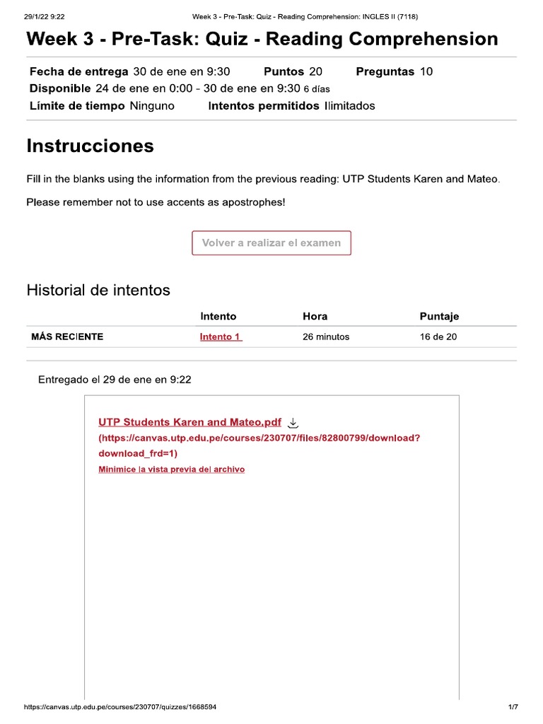 Week 3 - Pre-Task - Quiz - Reading Comprehension - INGLES II (7118) | PDF