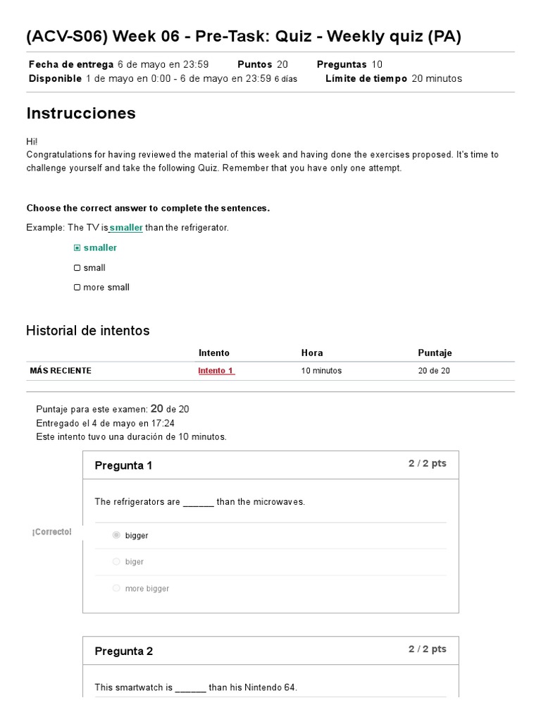 (ACV-S06) Week 06 - Pre-Task - Quiz - Weekly Quiz (PA) - INGLES III (25875) | PDF