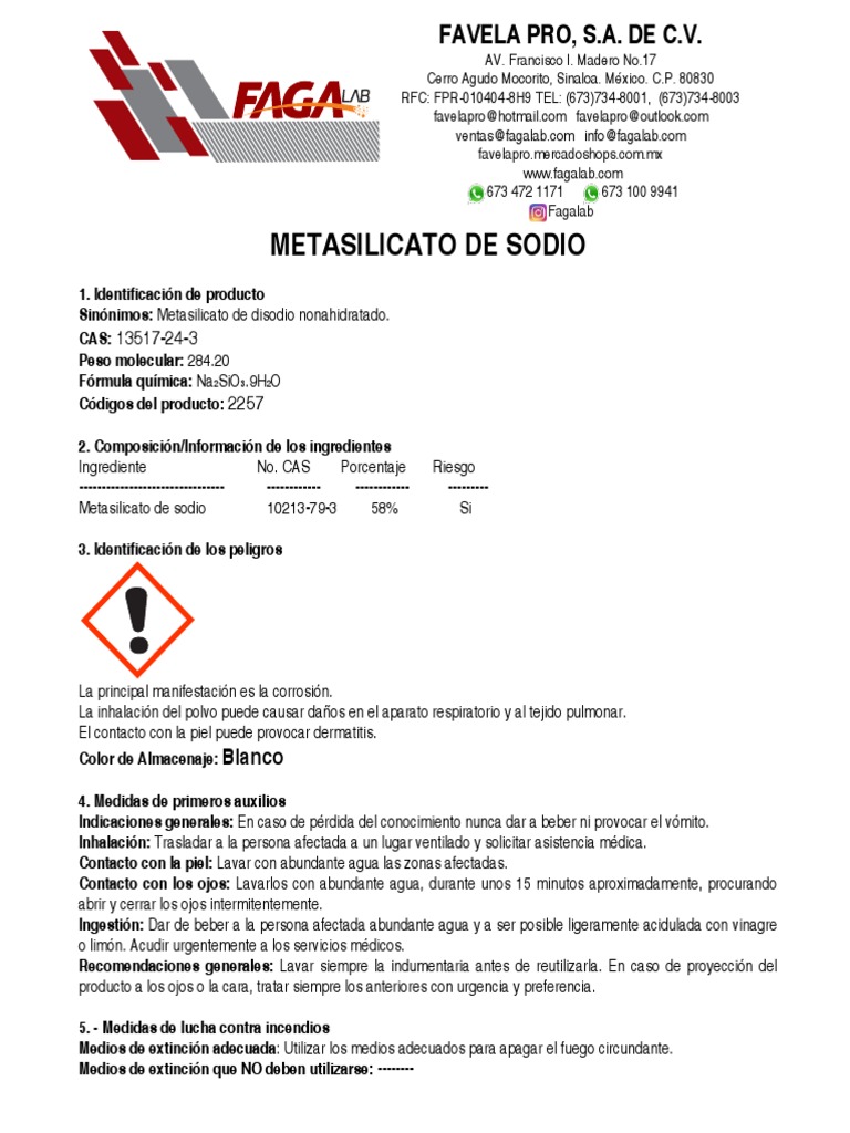 Metasilicato de Sodio Nonah | PDF | Sólido | Silicato