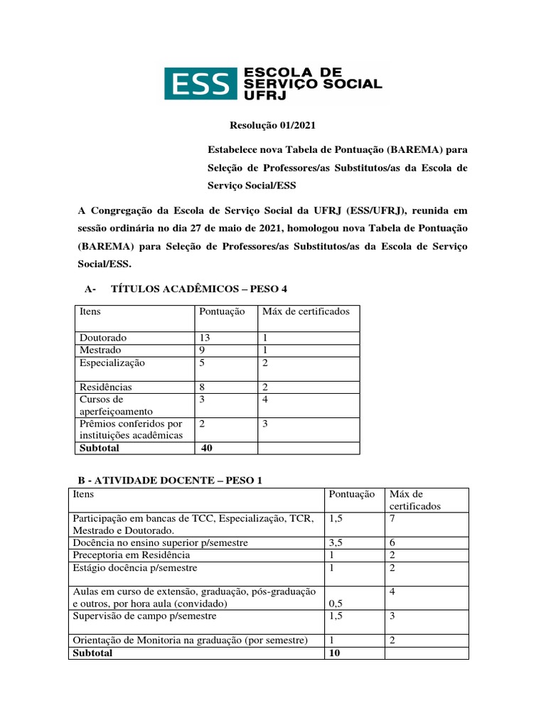 Tabela Do BAREMA para Professor Substituto - Aprovado em Congregaao Dia 27 01 | PDF | Mestrado ...