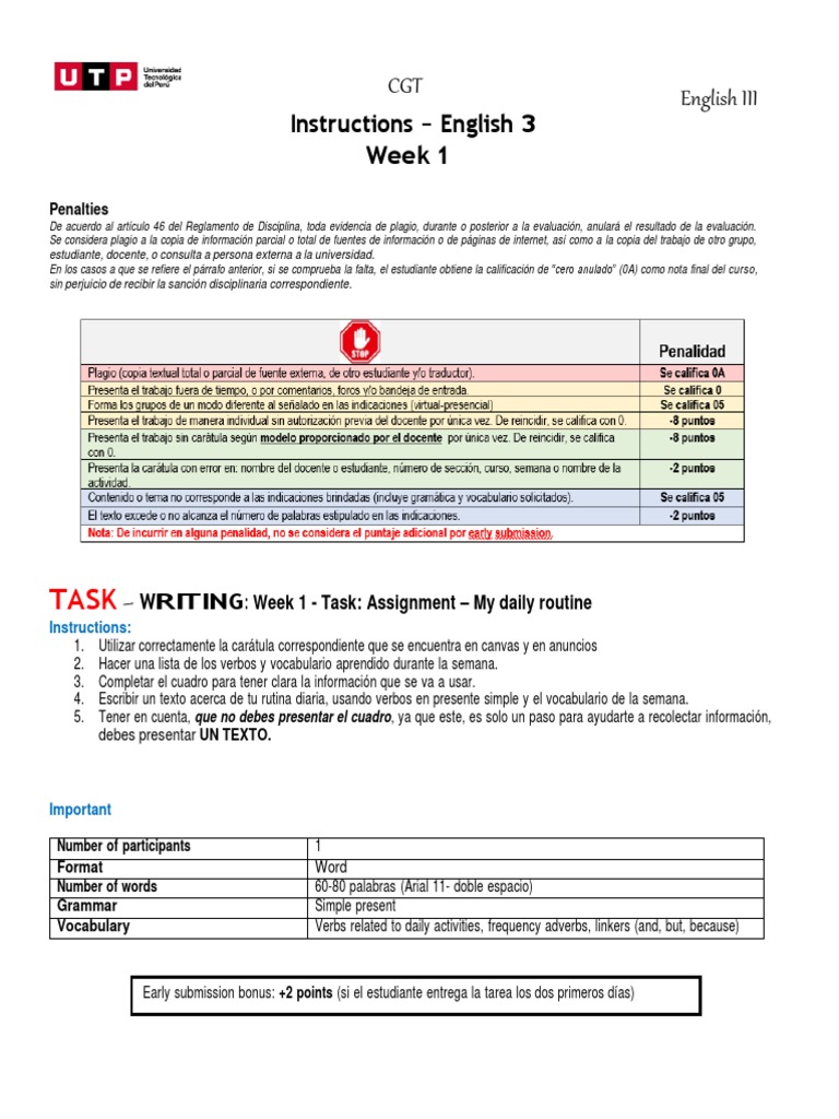 Week 1 - Indicaciones Task Week 1-Inglés 3 - CGT | PDF