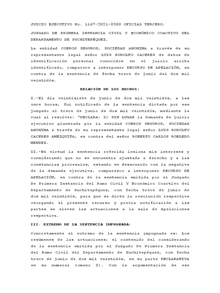 Memorial Apelación Con Agravio | PDF | Sentencia (ley) | Apelación