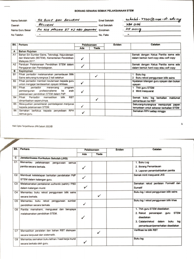 Borang Senarai Semak Pelaksanaan STEM | PDF