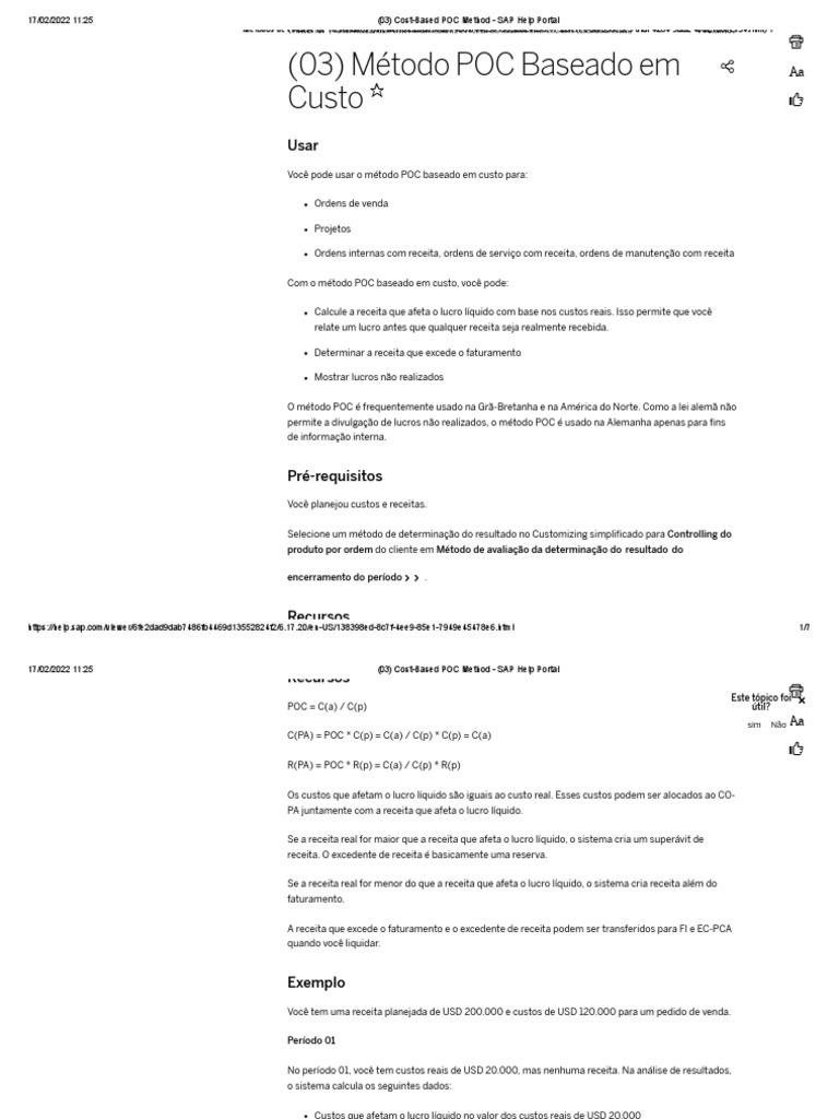 Parte 5 - Cost-Based POC Method - SAP Help Portal | PDF | Receita