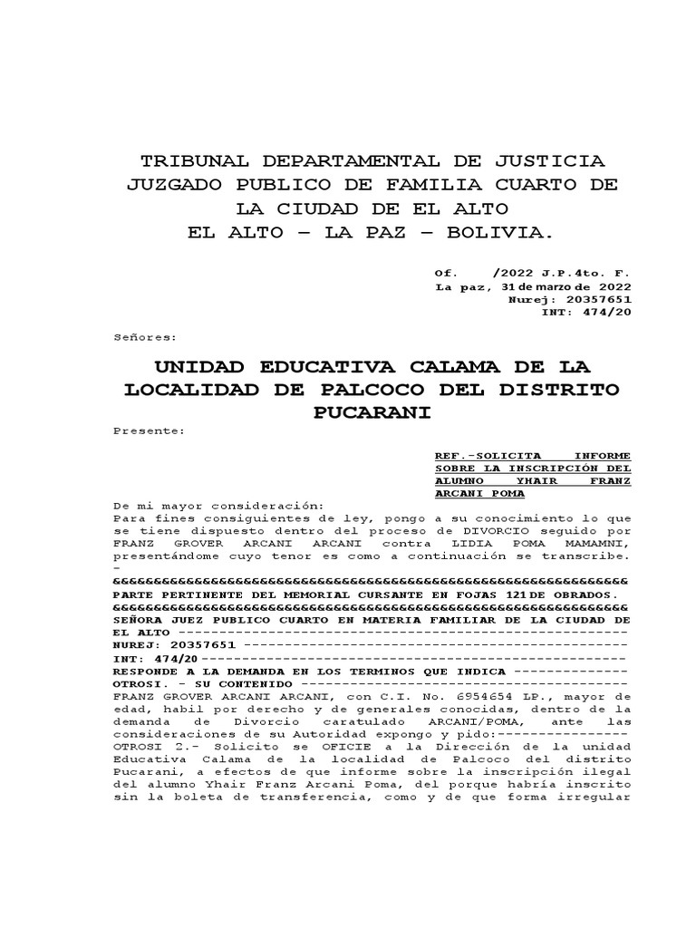 Unidad Educativa Calama de La Localidad de Palcoco Del Distrito ...
