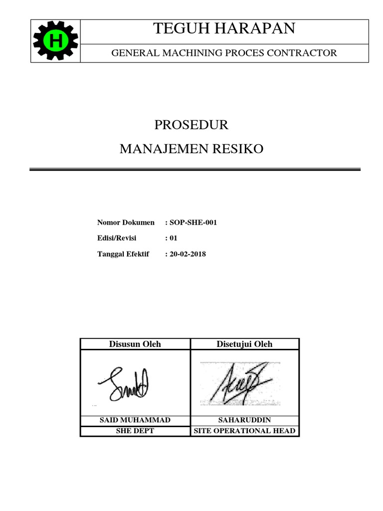 SOP-HSE-001 Prosedur Manajemen Risiko | PDF