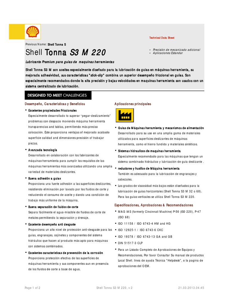 Shell Tonna S3 M 220 TDS | PDF | Herramienta de máquina | Lubricante