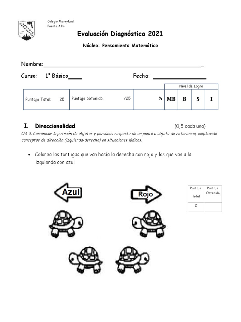 Evaluación Diagnóstica Matemáticas Primero Básico 2021 | PDF | Color