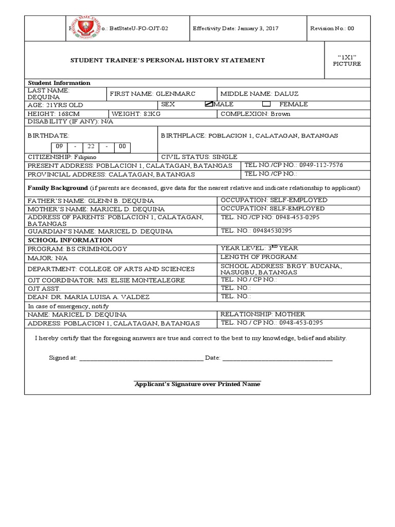 BatStateU-FO-OJT-02 - Personal History Statement | PDF
