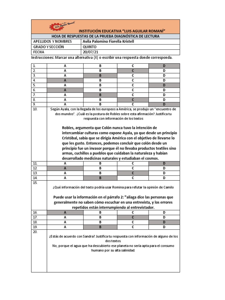 Hoja de Respuesta 5to - Lectura | PDF
