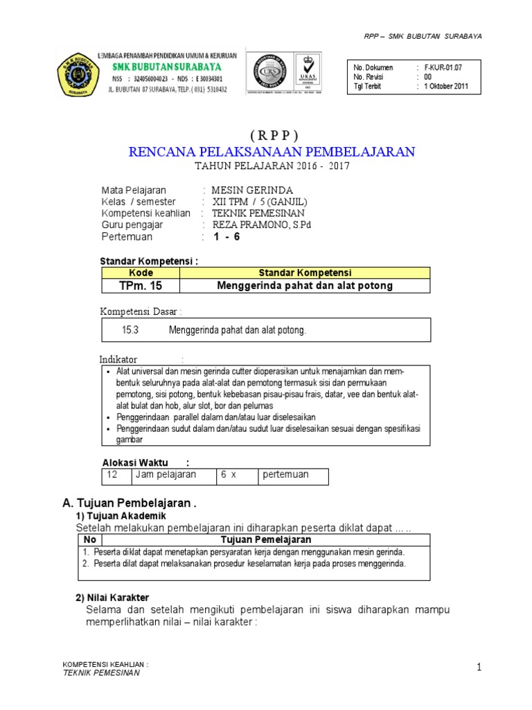 RPP Mesin Gerinda Kelas XII TPM | PDF | Karier & Perkembangan | Seni