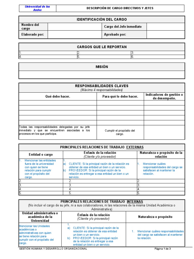 Formato Descripcin de Cargo Directivos y Jefes 05092018 | PDF | Business