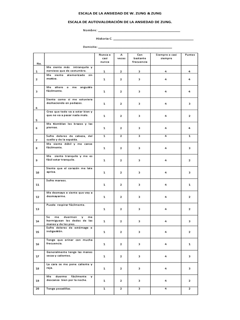 Escala de La Ansiedad de W Zung & Zung | PDF | Medicina CLINICA