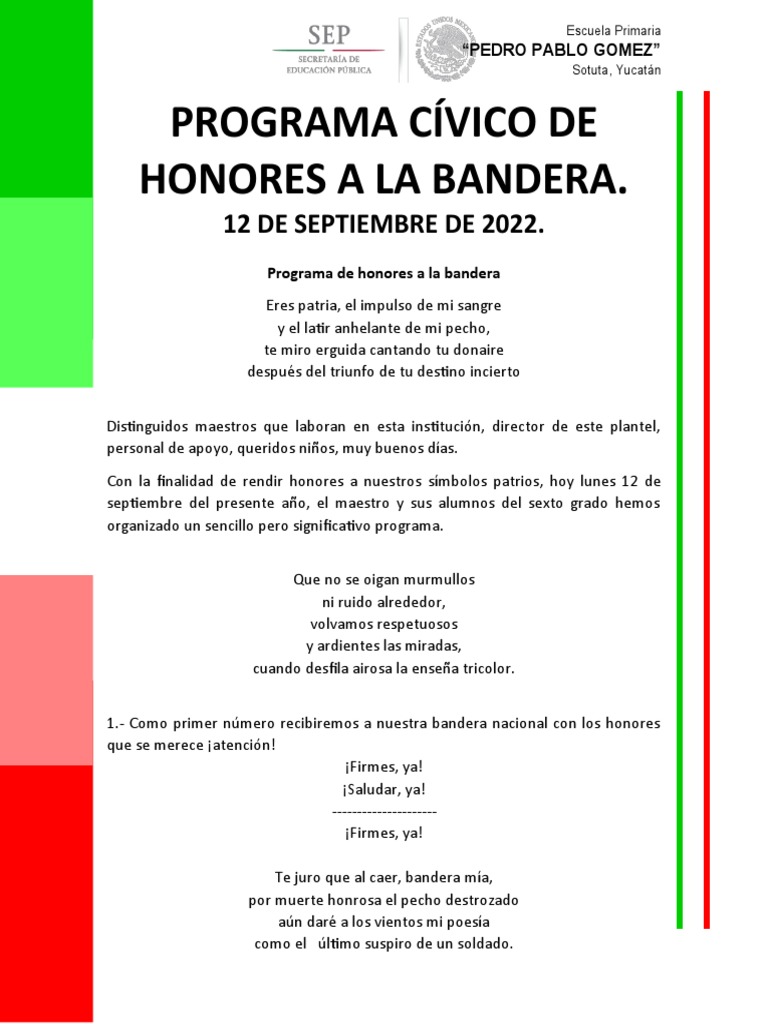 Programa cívico de honores a la bandera en la Escuela Primaria 'Pedro Pablo Gómez' de Sotuta ...