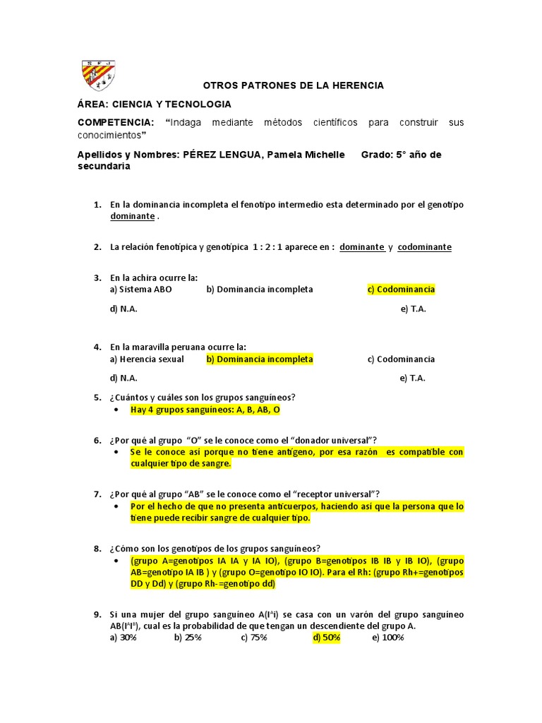 ACTIVIDAD OTROS PATRONES DE LA HERENCIA-pérez | PDF