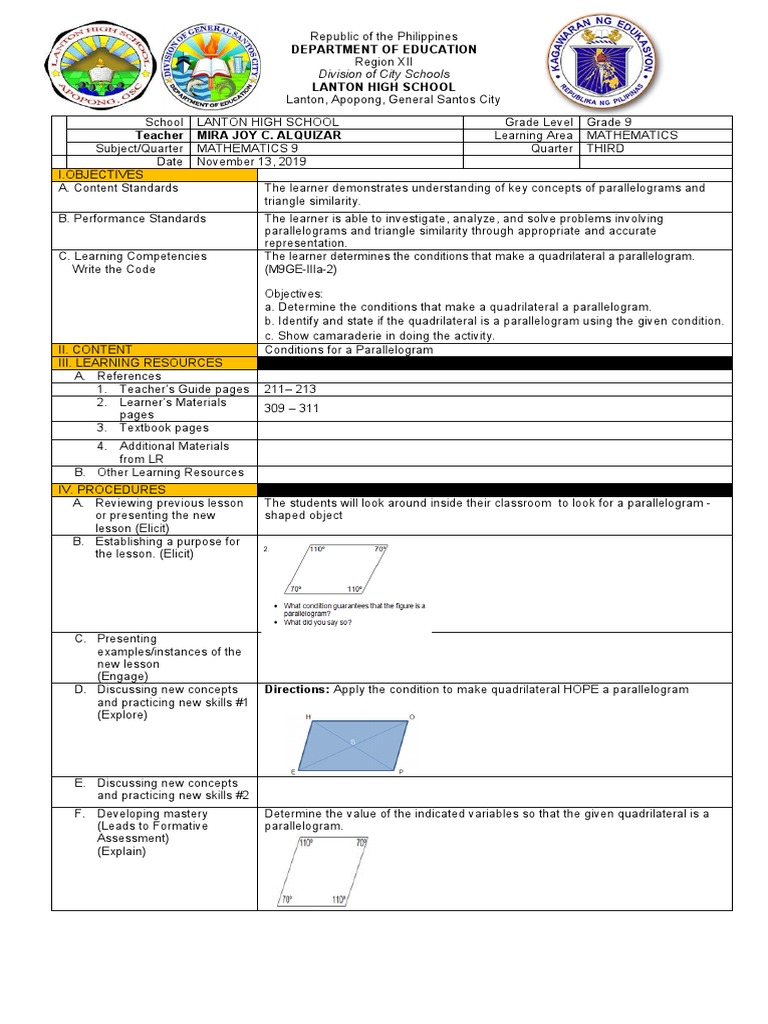 Grade 9 - Conditions That Make A Quadrilateral A Parallelogram | PDF ...