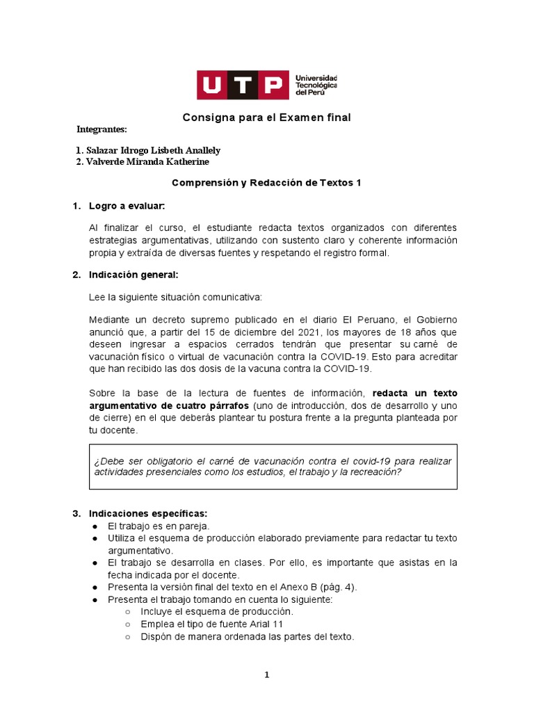 Examen Final: Texto Argumentativo UTP | PDF | Prueba (evaluación) | Plagio