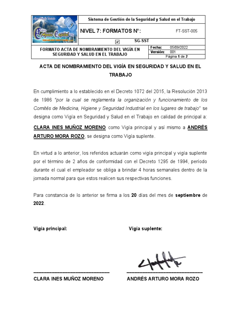 FT-SST-005 Formato Acta de Nombramiento Del Vigia en Seguridad y Salud ...