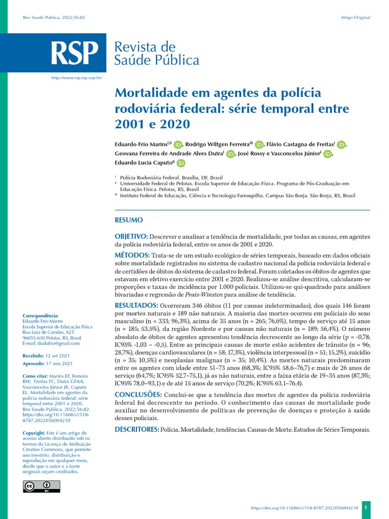 2022 MARINS Et Al. Mortalidade em Agentes Da PRF. 2001 A 2020 | PDF ...