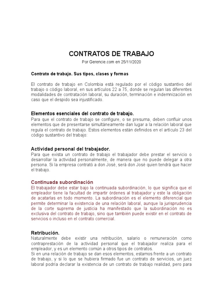 Generalidades Contratos de Trabajo | Descargar gratis PDF | Derecho laboral | Salario