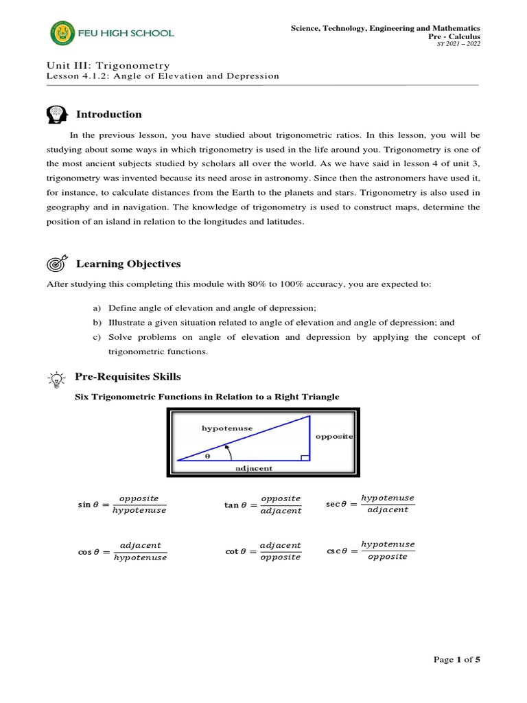 Study Guide 2.4.1.2 - Angle of Elevation and Depression | PDF ...