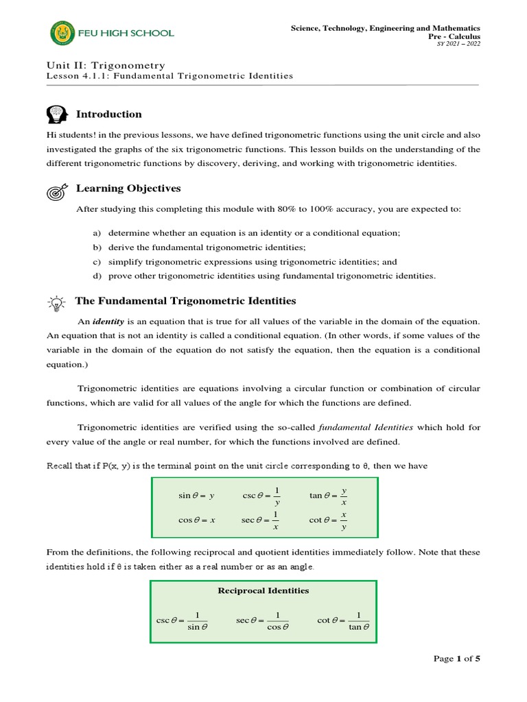Study Guide 2.4.1.1 - Fundamental Trigonometric Identities | PDF ...