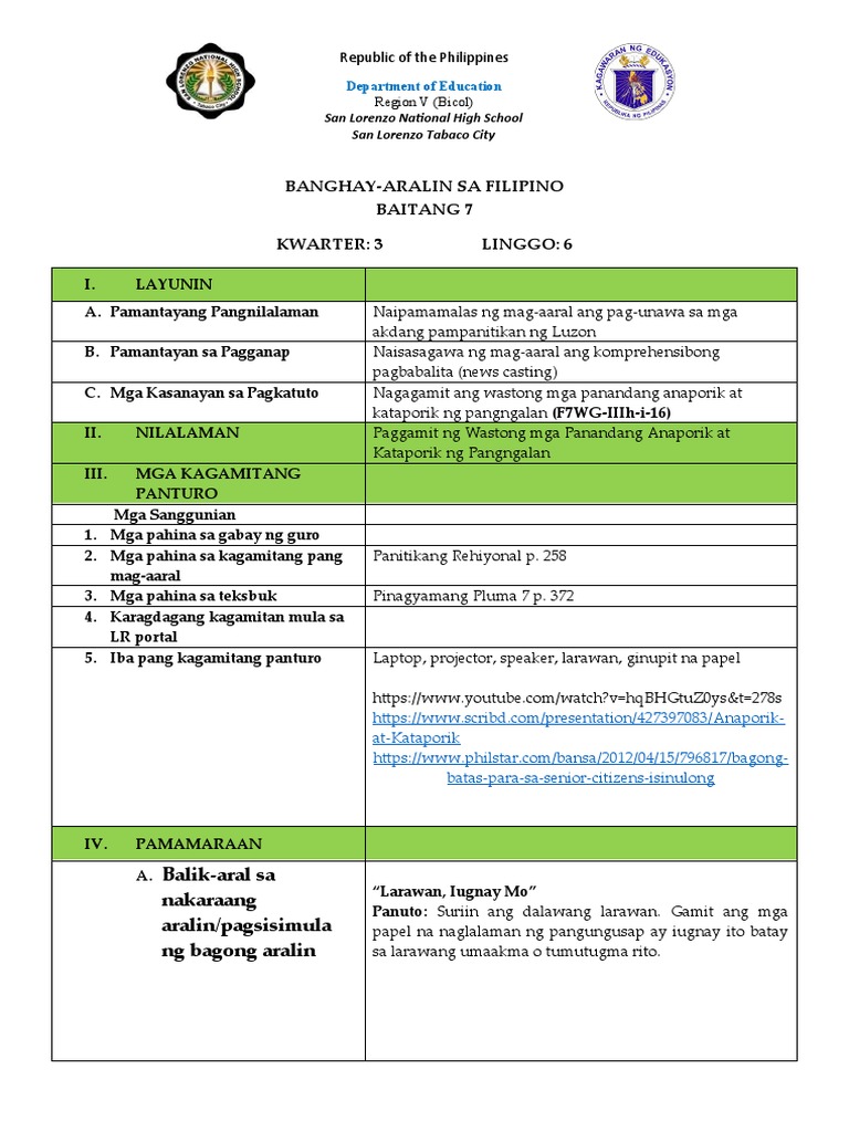 Banghay Aralin Sa Filipino 7 COT 1 | PDF