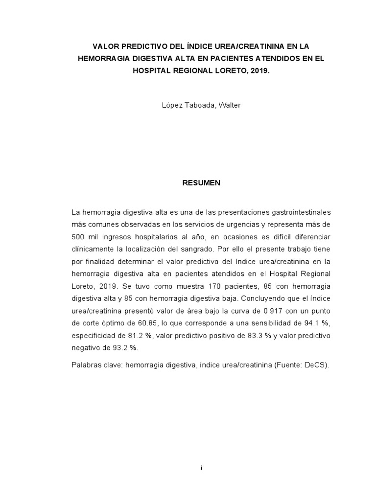 Resumen A Recomendaciones. Tesis Valor Predictivo Indice Urea ...
