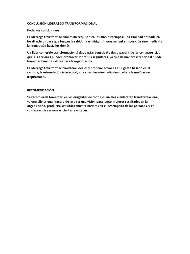 Conclusión Liderazgo Transformacional | PDF