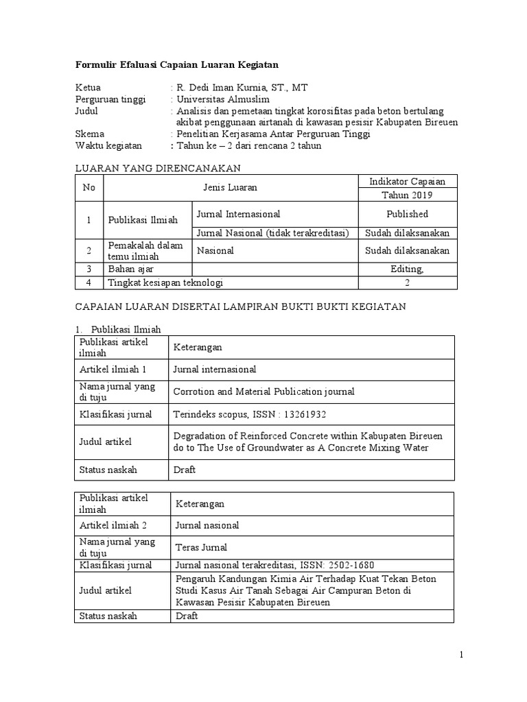 Borang Capaian Analisis Dan Pemetaan Tingkat Korosifitas Pada Beton Bertulang | PDF