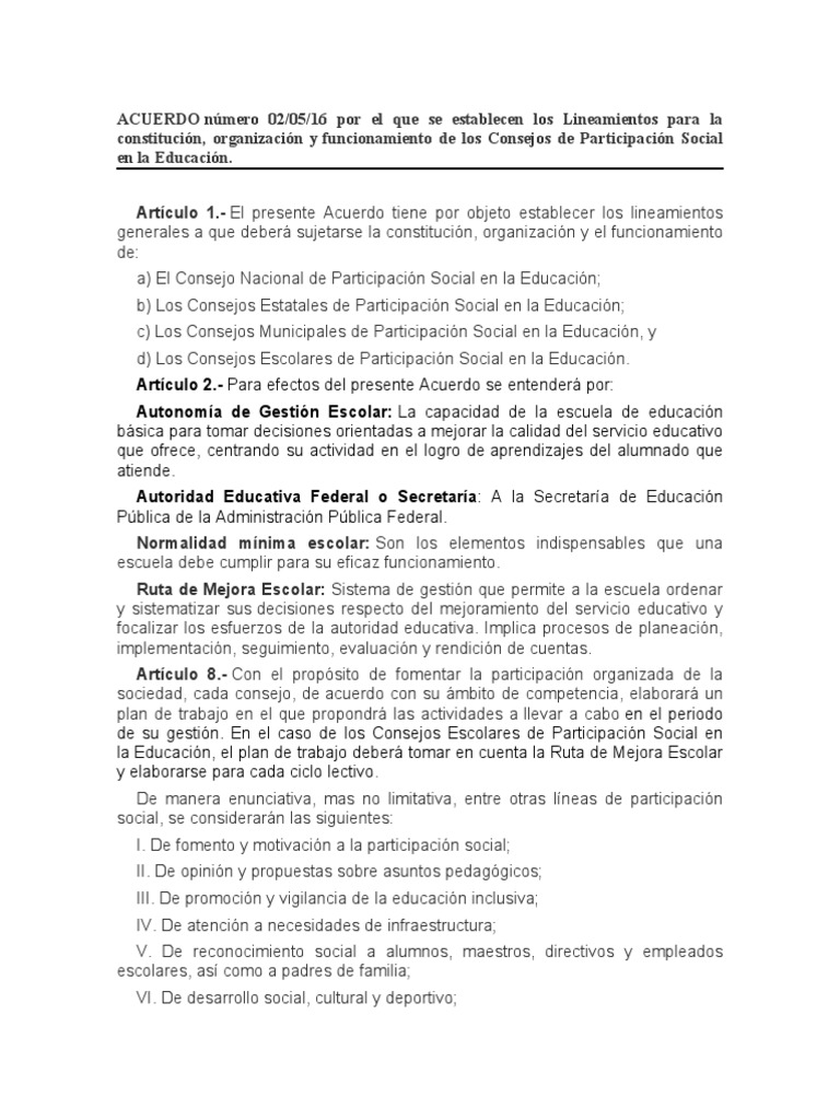 ACUERDO Número 020516 Lineamientos Consejos de Participación Social en La Educación | PDF ...