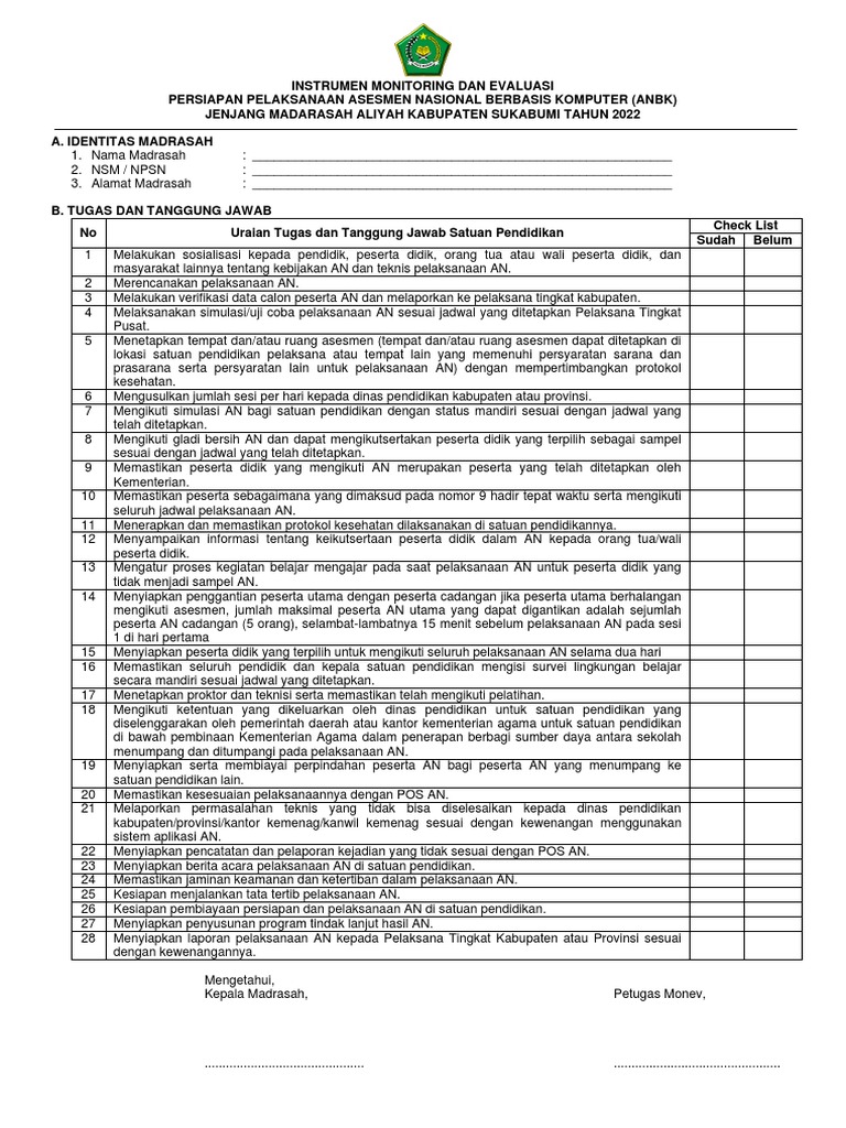 Instrumen Evaluasi ANBK Madrasah 2022 | PDF