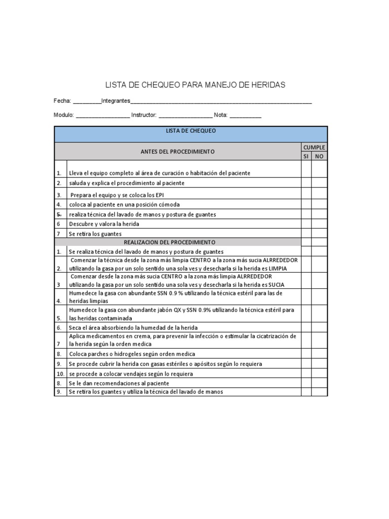 Lista de Chequeo Manejo de Heridas | PDF | Herida | Lavado de manos