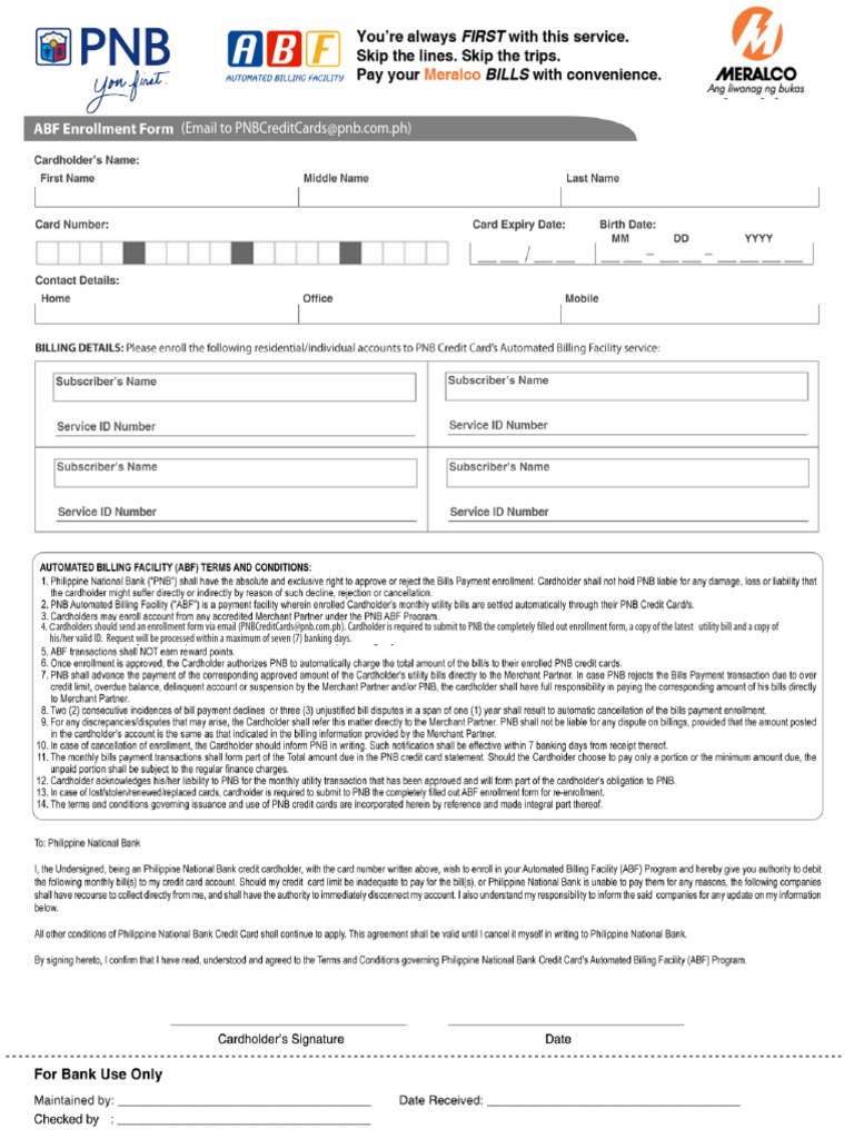 Meralco ABF Form PNB Credit Cards | PDF | Finance & Money Management