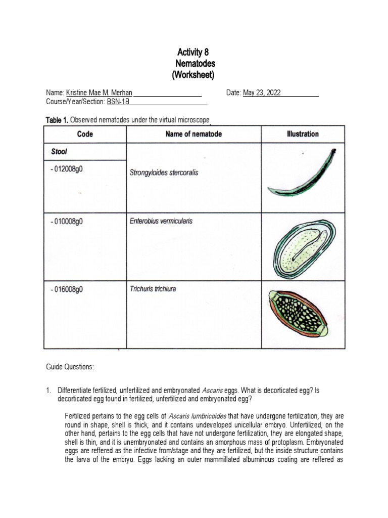 Nematode Study Guide for BSN Students | PDF | Egg | Medical Specialties
